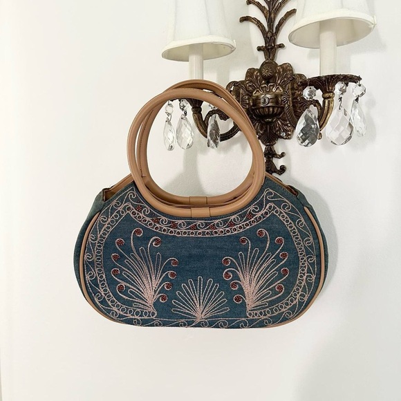 Bags | Vintage 199s Unique Tan Denim Embroidered Beaded Boho Shoulder ...